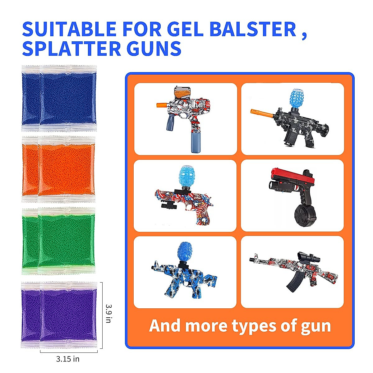Banvih Gel Gun Blaster Refill Ammo - 7-8mm, 8Pack, 80000 Pieces, 7.5mm Splatter Water Balls Beads Bullets Compatible for Splatrball, Splat Gun, Orby Gun Etc - Blue Green Purple Orange, for Ages 14+