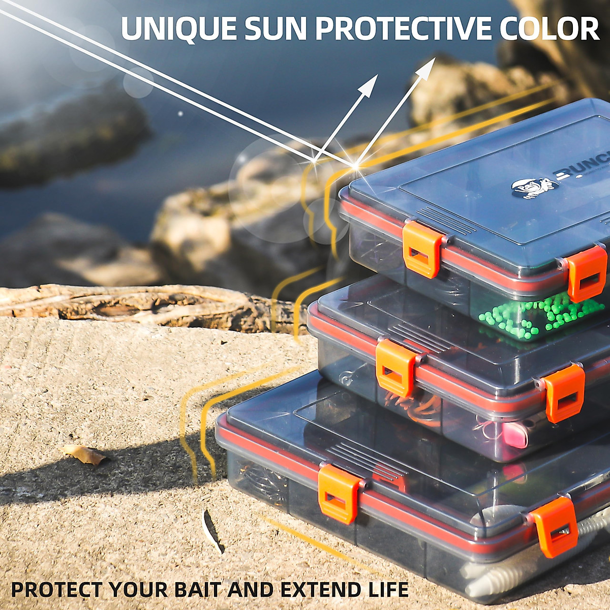 RUNCL Fishing Tackle Box, Waterproof Airtight Stowaway, 3600/3700 Tray Tackle Box with Adjustable Dividers, Plastic Storage Organizer(3700 and 2pcs smaller 3600)