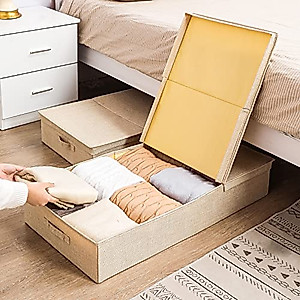 2Pack Under Bed Storage Bins With Lids Carry Handles Linen Fabric Foldable Stackable Sturdy Large Capacity Clothes Organizer for Clothing, Shoes, Blankets, Sweaters, Toys (Beige, 32"*17"*6")