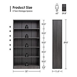 Farini Grey Bookshelf for Bedroom 5 Shelf Office Bookcase 60 Inches Tall Modern Wood Bookshelf for Living Room 5 Tier Wide Manga Bookshelf Library Bookcase