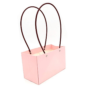 Shiwaki 5pcs Kraft Paper Flower Gift Bags Bouquet Bags Box Waterproof Brown Paper Carrier Bags with Handle Tote Bags for Birthday Wedding Party Favors - Pink