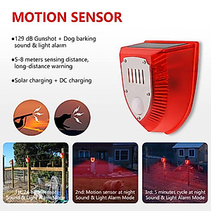 Solar Strobe Alarm Light: Solar Alarm Light with Motion Detector 129db Sound Security Siren Light IP65 Waterproof Outdoor Sensor Alarm for Home, Farm, Barn, Villa, Yard - Solar and DC Charge (1-Pack)