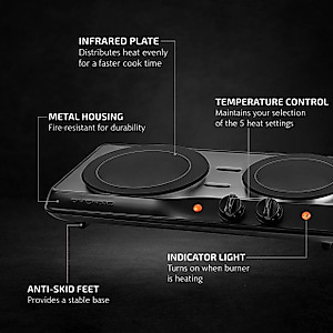 OVENTE Countertop Infrared Double Burner, 1700W Electric Hot Plate and Portable Stove with 7.75" and 6.75" Ceramic Glass Cooktop, 5 Level Temperature Setting and Easy to Clean Base, Black BGI102B