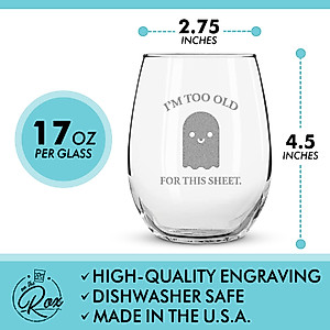 On The Rox Drinks Halloween Wine Glass Gifts for Women - I'm Too Old For This Sheet Sheet Faced 2PC Wine Glass Set - Halloween Cups, Halloween Tumbler, Drinking Glassware - Spooky Ghost Gifts