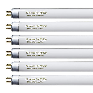 22 Inch T5 Fluorescent Light Bulb 14 Watt F14T5/WW Compatible with Sylvania Satco Philips GE Under Cabinet Lamp Light 3000K Warm White 800 Lumen G5 Base 6 Count