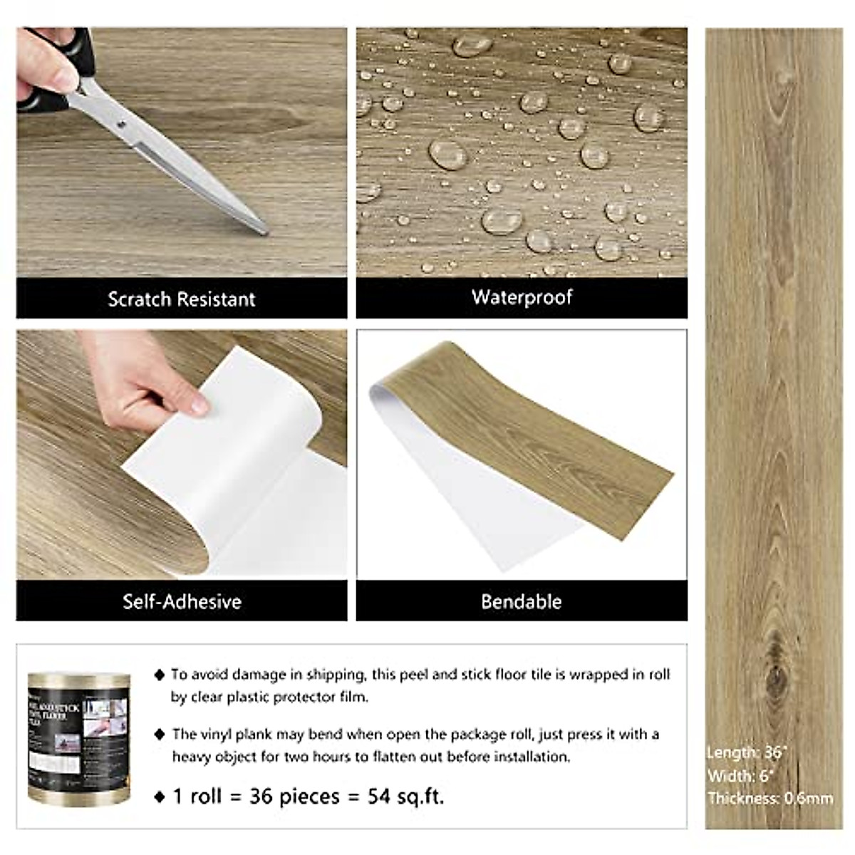 LaCheery 6"x36" 36 Tiles Bathroom Floor Tiles Peel and Stick Wood Flooring Tiles Vinyl Floor Stickers Peel and Stick Waterproof Flooring Planks Stick on Floor Tile Cover Temporary Flooring for Renters