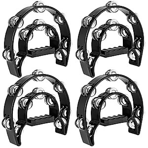 MUKLEI 4 Pack 9 Inch Double Row Tambourine, Half Moon Musical Tambourine, Metal Jingles Hand Held Percussion Drum with Ergonomic Handle Grip for KTV, Party, Gift, Black