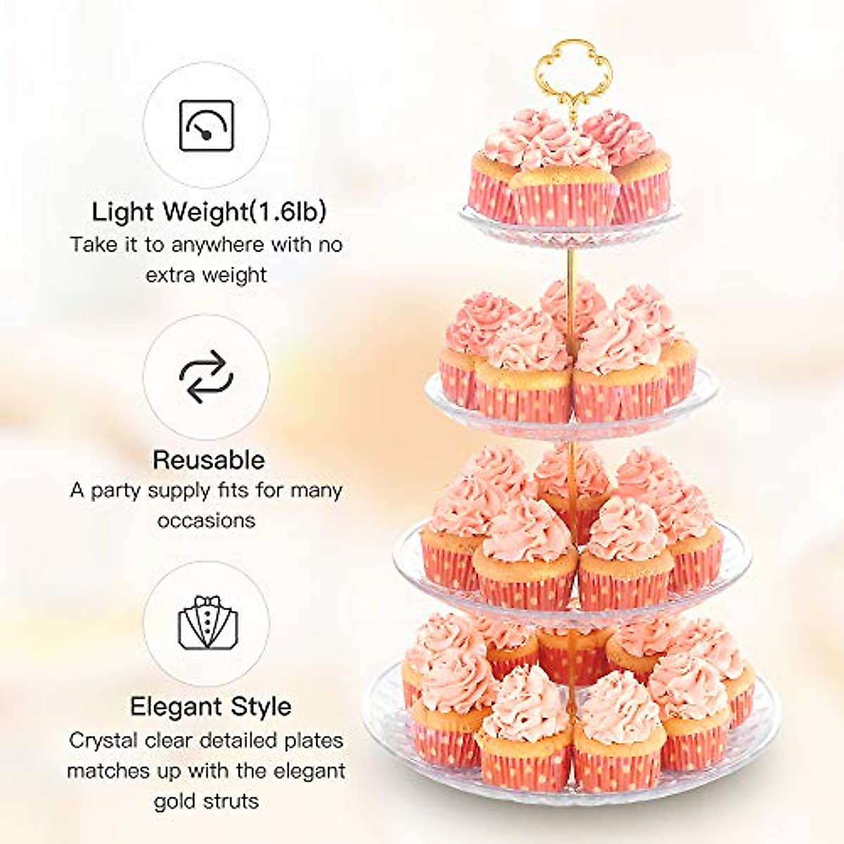 NWK 3/4-Tier Cupcake Stand with Crystal-Clear Plastic Plates and Metal Struts Dessert Stable Tower Display Rack Serving Tray for Wedding Birthday Bridal Shower Autumn NYE Tea Party (Gold)