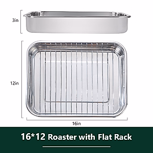 Stainless Steel Roaster with Flat Rack & Parchment Paper, 16.2 x 12.2 x 3 inches - Ideal Roasting Pan for Whole Turkey, Roasts, or Multiple Sides