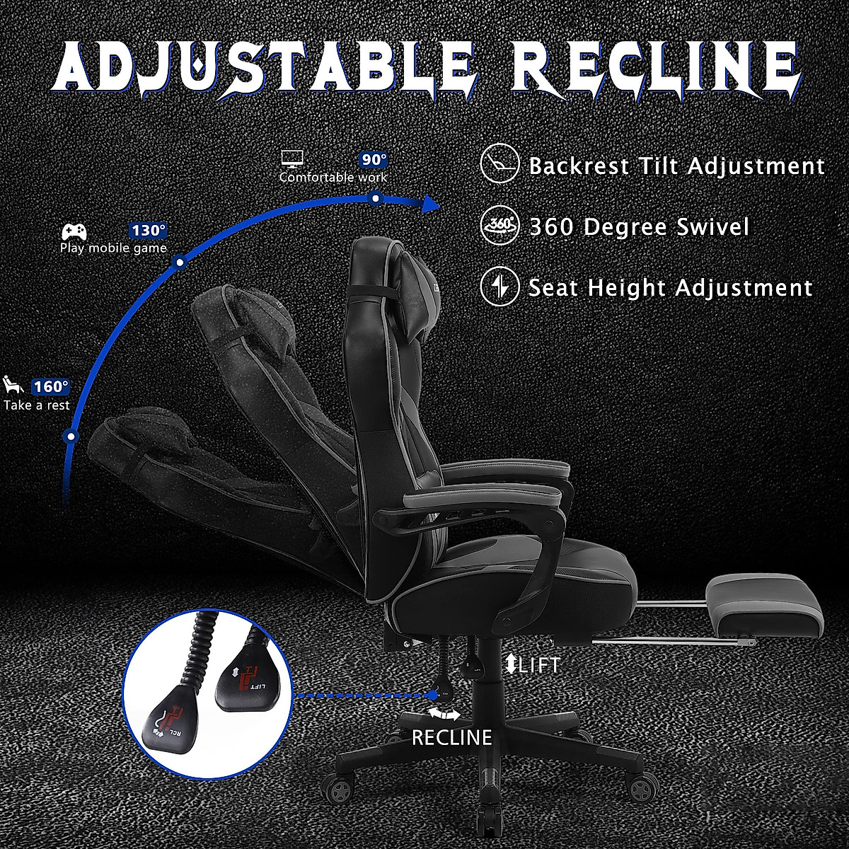 Zeanus Gaming Chairs for Adults Ergonomic Computer Chair with Footrest Gamer Chair with Massage Recliner PC Gaming Chair Home Office Desk Chair Big and Tall Racing Chair Lumbar Support Grey