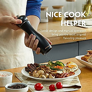 KucheCraft Wooden Pepper Grinder Refillable - Premium Beech Wood Pepper Mill Grinder with Adjustable Ceramic Grinder - 8 In Manual Matte Black Peppermill