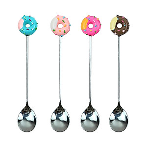 AUEAR, 4 Pack Stirring Spoons Cute Doughnut Coffee Spoon Stainless Steel Little Teaspoons Mini Donut Dessert Ice Cream Tea Sugar Stirrers for Tableware Multi-Functional Kitchen Tools
