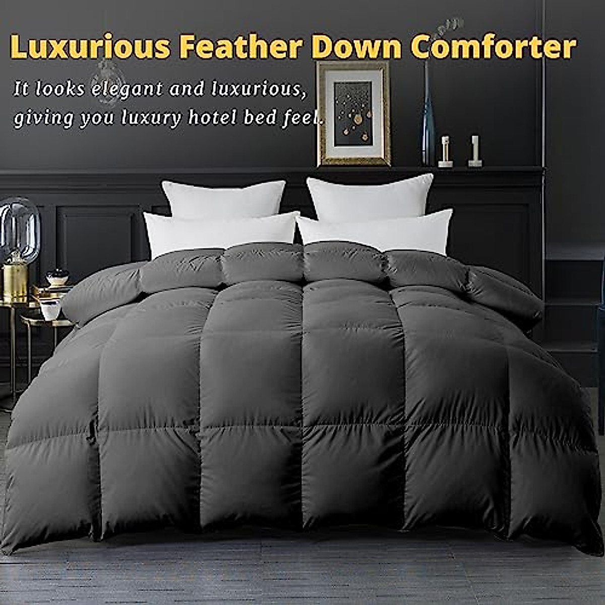 ELNIDO QUEEN Feather Down Comforter Queen Size - Grey Down Duvet Insert - Luxurious Fluffy Hotel Style Bedding Comforter - 100% Cotton Cover All Season Medium Warmth - Queen Size (90x90 Inch)