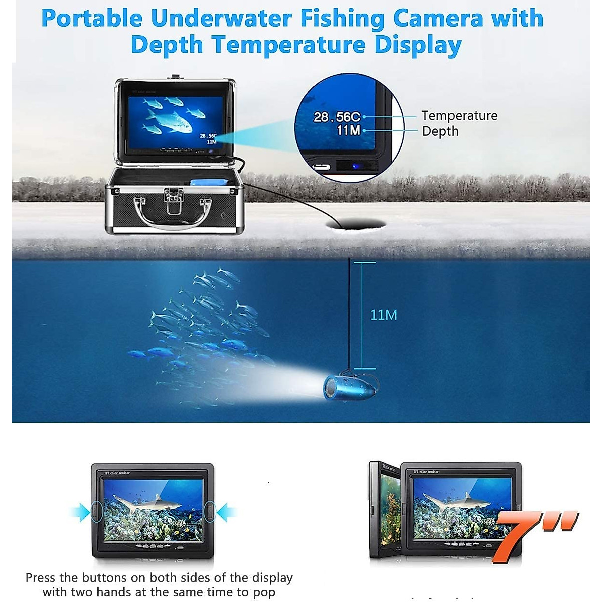 Portable Underwater Fishing Camera with Depth Temperature Display-Waterproof HD Camera and 7'' LCD Monitor-Infrared Fish Finder-Up to 8 Hours Battery Life-Ultimate Fishing Gear (15M Cable)