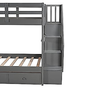 MERITLINE Twin Bunk Bed with Storage Drawer, Wood Twin Over Twin Bunk Beds with Stairs, Low Bunk Beds Frame for Teens Boys Girl(Grey)