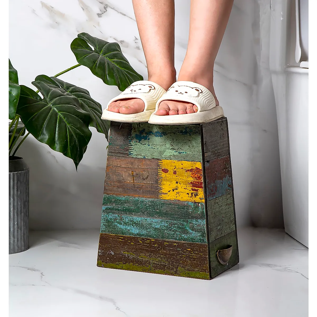 TIMRIS Small Wood Trash Can Wastebasket, Farmhouse Rectangular Garbage Can Waste Basket, Rustic Distressed Boho Wooden Trash Recycling Bin with Metal Handles, Reclaimed Wood Storage Basket (Random)