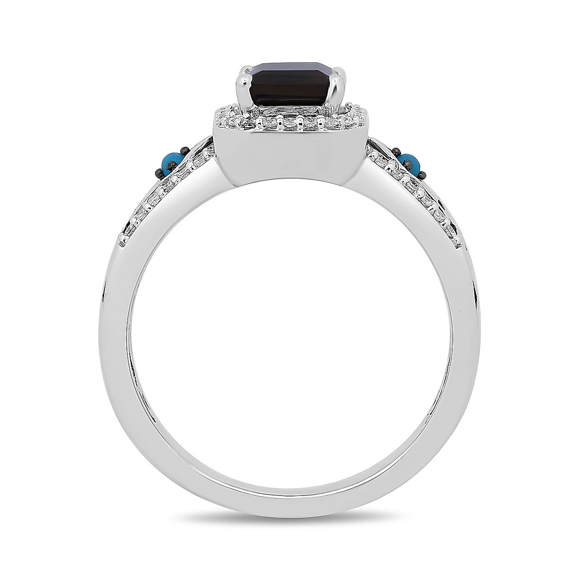 Jewelili Enchanted Disney Fine Jewelry Sterling Silver 7x5 MM Octagon Smokey Quartz and 1.5 MM Cabochon Round Turquoise with 1/5 Cttw Natural White Round Diamond Pocahontas Ring, Size 9