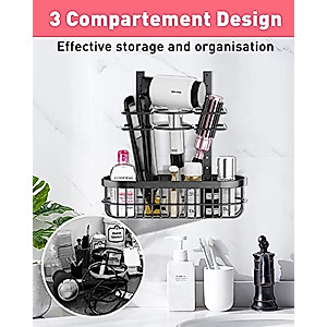 Hair Dryer Holder, Hair Dryer Holder Adjustable Height, Bathroom Hair Dryer Organizer Under Sink, Over Door/Over Cabinet Hair Dryer Holder for Flat Irons, Curling Wands, 3 Sections Large Capacity