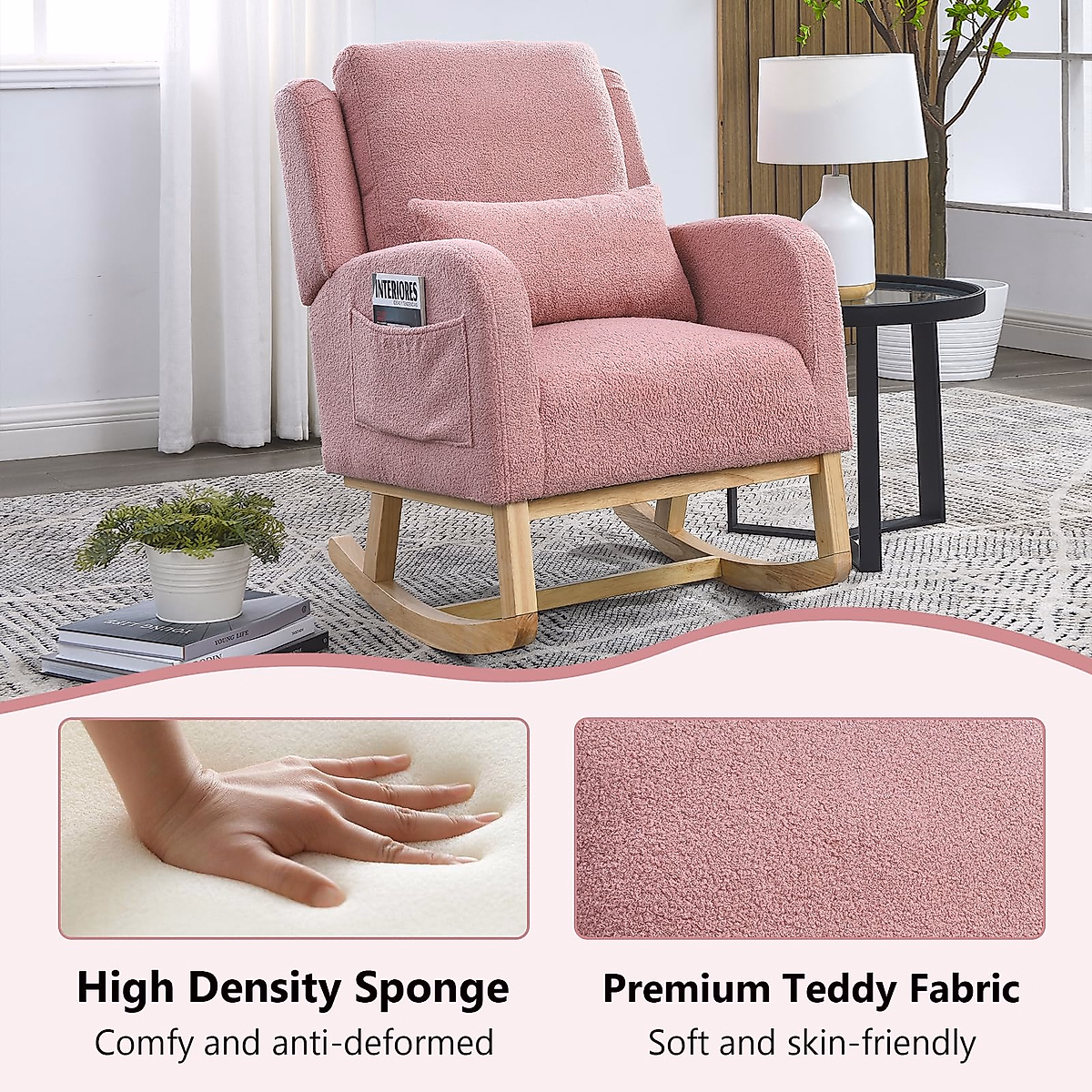 NIOIIKIT Nursery Rocking Chair, Modern High Back Armchair with Side Pockets, Glider Rocker with Padded Seat, Lumbar Pillow and Wood Base, Accent Chair for Living Room, Bedroom (Pink Teddy)