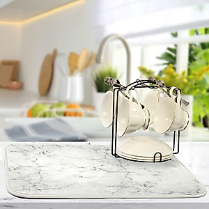 White Marble Dish Drying Mat Kitchen Counter Gold Absorbent Microfiber Drying Rack Pads 16x18 inch for Countertop Dishes Large Drain Mats and Protector Coffee Bar Mats