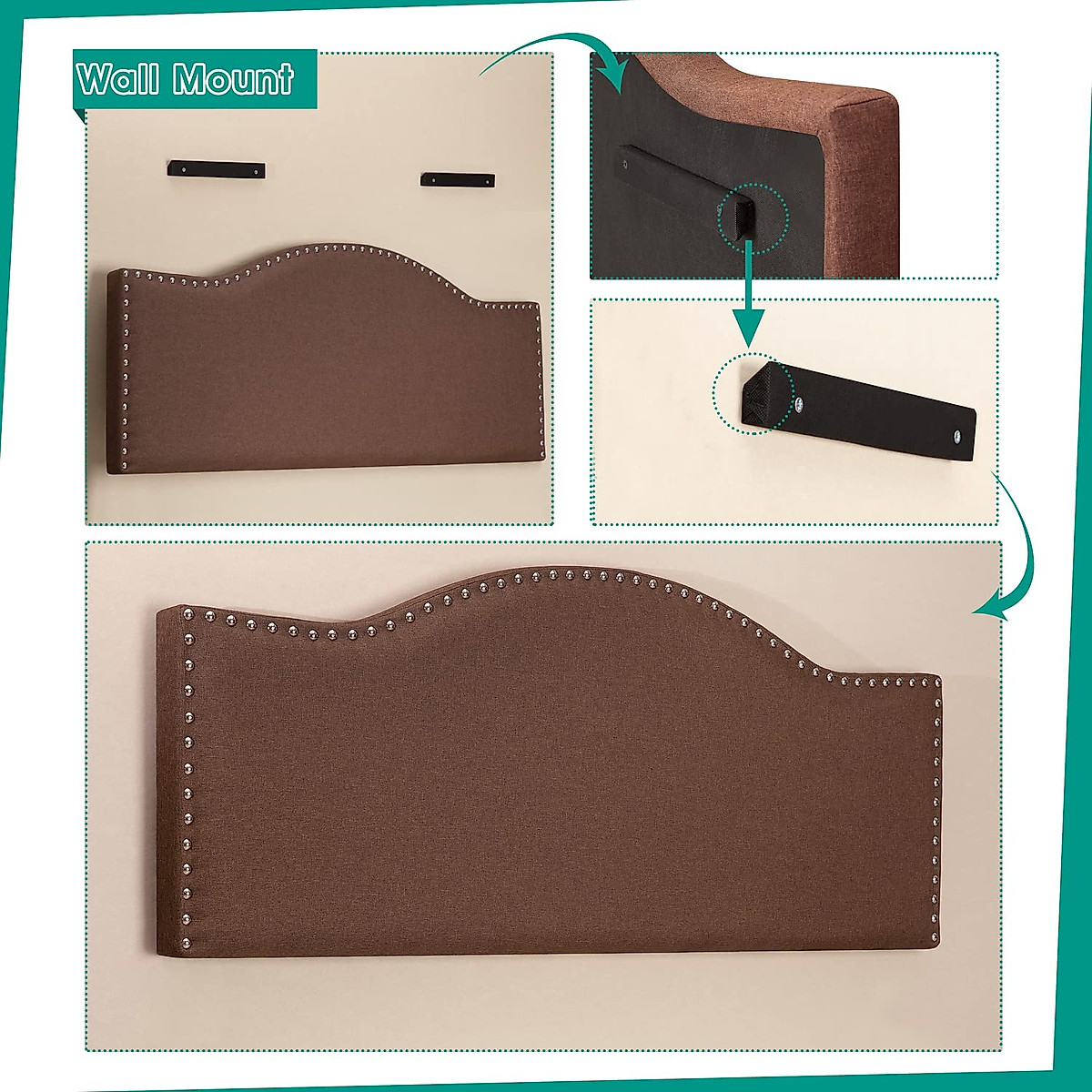 Catalina Queen Headboard Only, Height Adjustable Bed Headboard Queen Size, Nailhead Tufted Headboard Queen Size with 12 Positions, Metal Legs, Wall/Bed Mount, Linen Fabric Headboard Queen, White