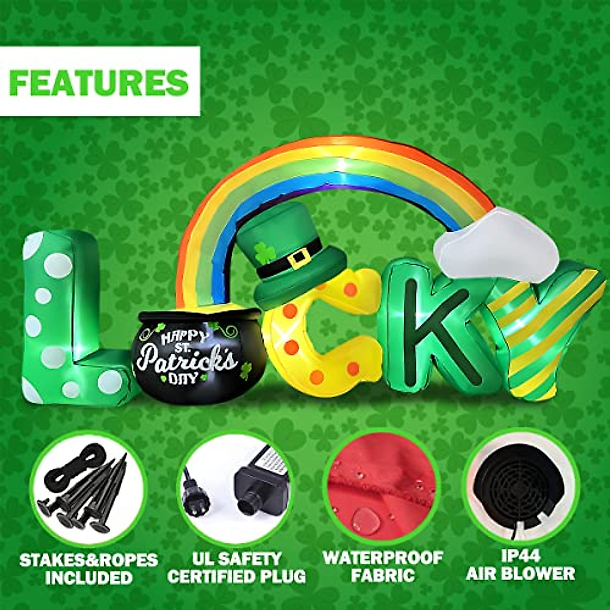 BLOWOUT FUN 6.5 Foot Long St. Patrick Day Inflatable Lucky Letters with Gold Pot and Rainbow Decoration for Indoor Outdoor Blow Up Lawn Yard Decor
