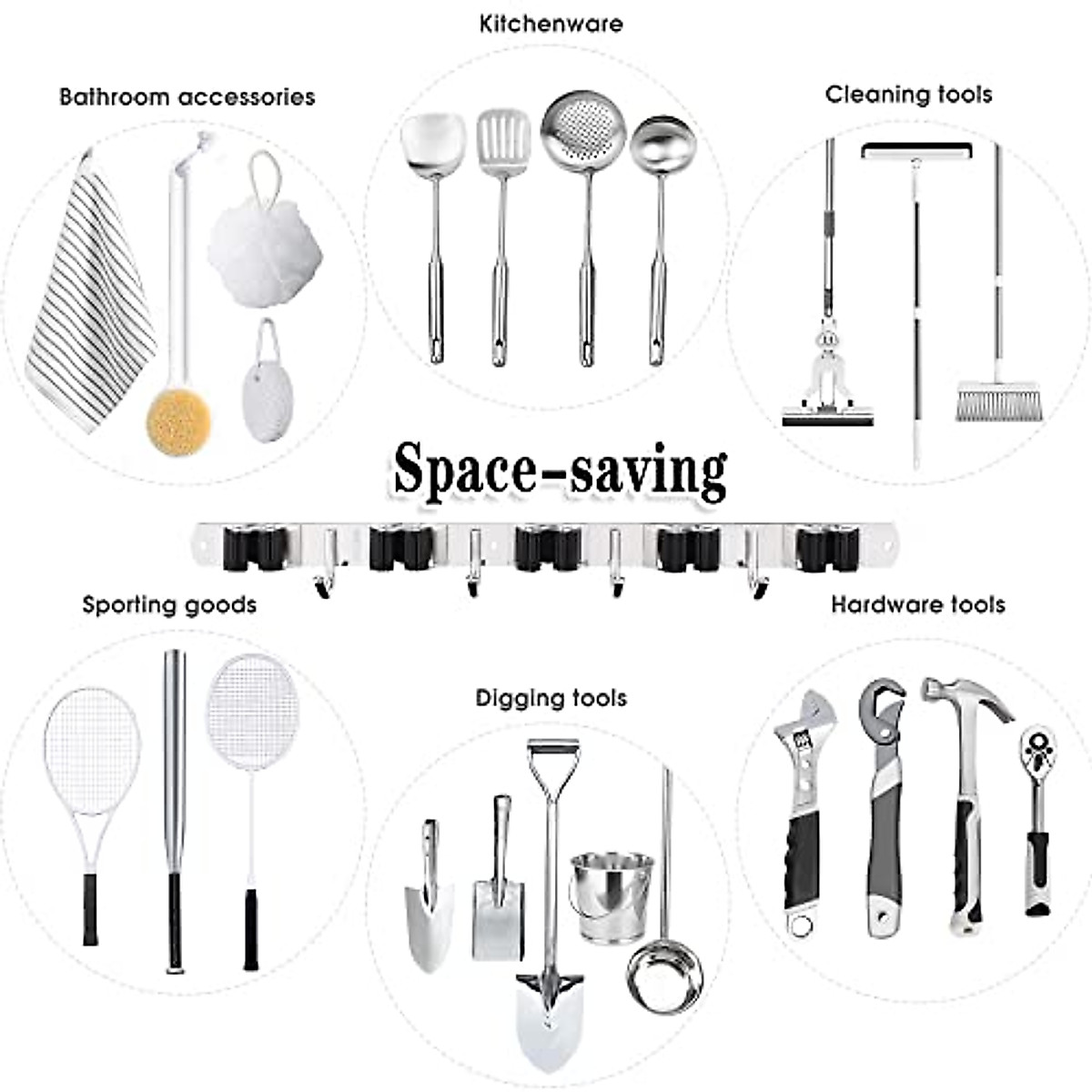5 Racks and 4 Hooks Mop and Broom Holder Wall Mount, Broom Organizer Storage Tool Racks Stainless Steel Heavy Duty Hooks Self Adhesive Solid Non-slip for Home Kitchen Garden Laundry Garage
