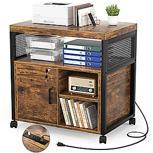 Unikito Lateral File Cabinet, Locking Office Filing Cabinets with Socket and USB Charging Port, Modern Rolling Printer Stand with Storage for A4, Letter Size and File Folders, Rustic Brown