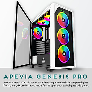 Apevia G-PRO-WH Genesis Pro Mid Tower Gaming Case with 2 x Tempered Glass Panel, Top USB3.0/USB2.0/Audio Ports, 6 x RGB Fans, White Frame