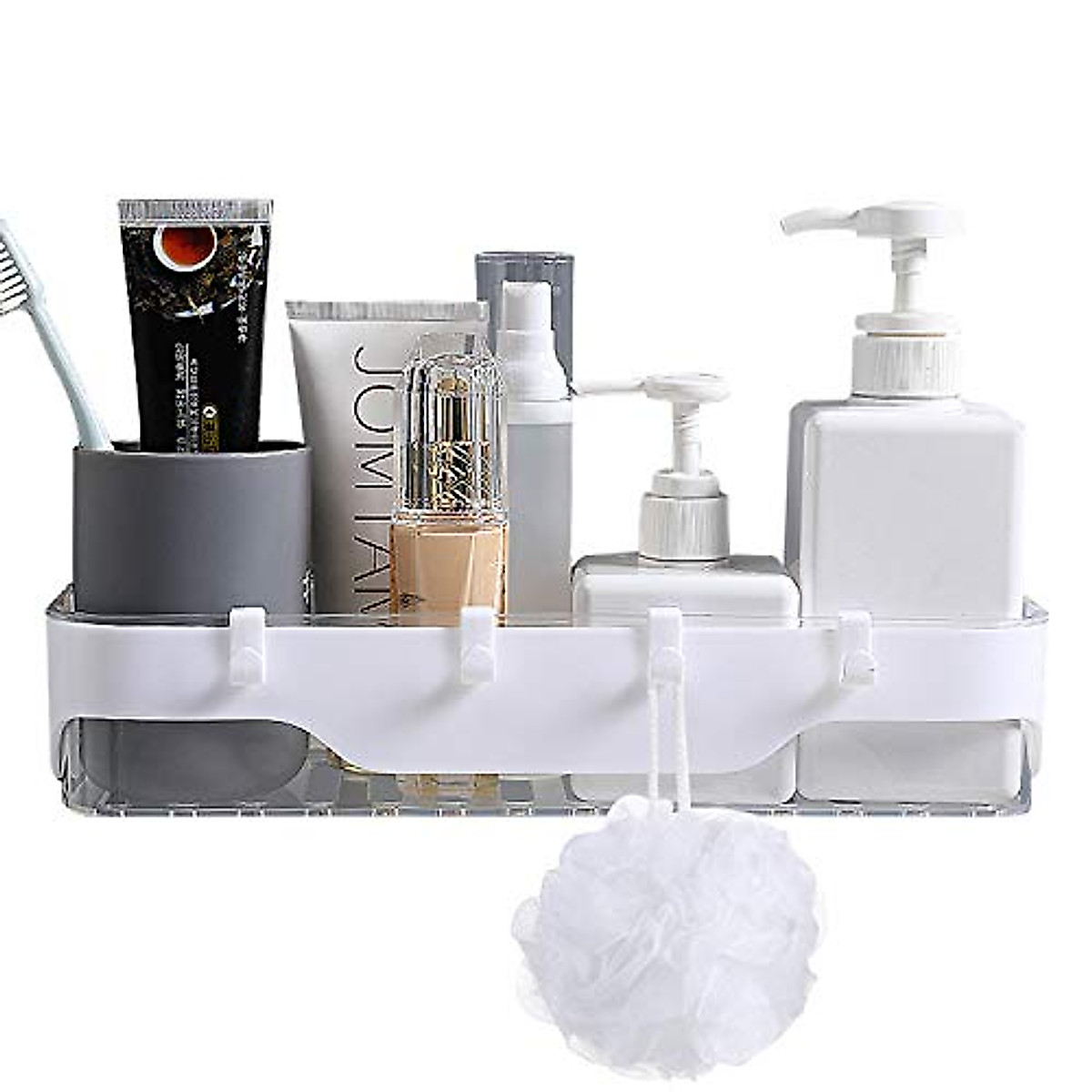 Shower Caddy Basket Shelf with Hooks，No Drilling Bathroom Shelf with Adhesive for Shampoo，Wall Mounted Bathroom Shower Storage Organizer Rack for Toilet，Kitchen Spice Rack (White)