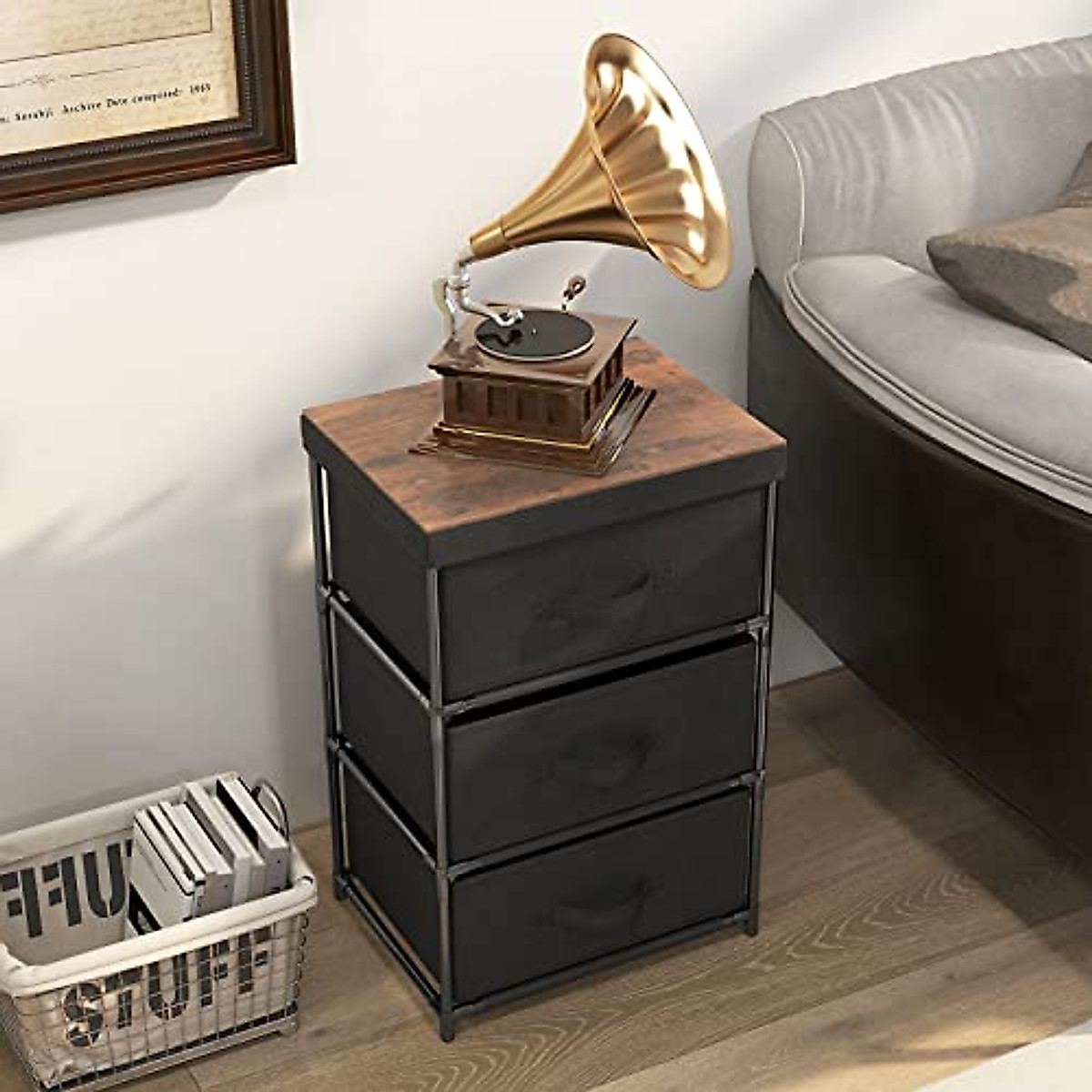 Giantex Nightstand with 3 Fabric Drawers, 24.5" Tall Bedside Table with Removable Lid for Bedroom, Study, Storage Dresser Organizer, Easy Assembly, Black and Rustic Brown