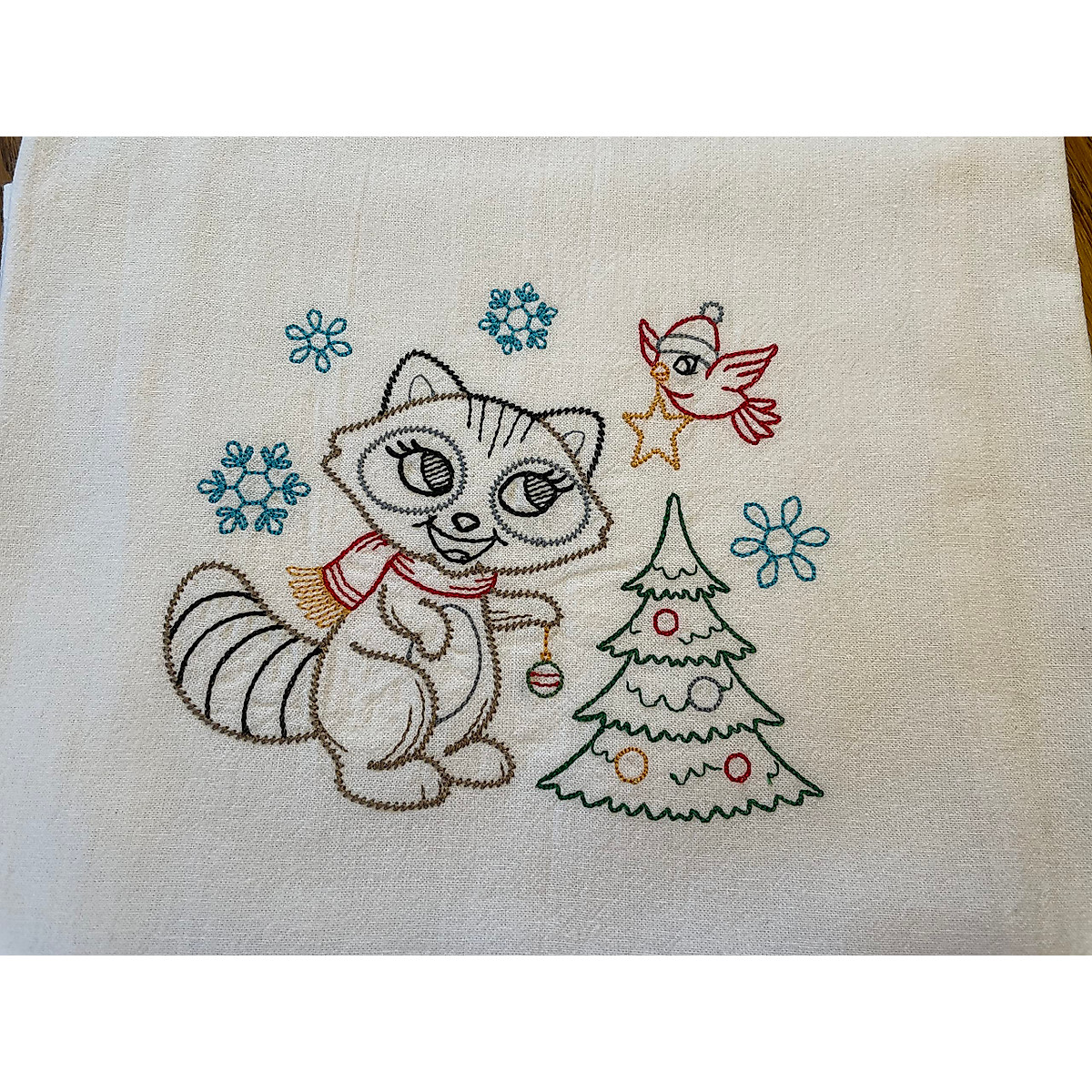 Christmas embroidered flour sack tea towel, Christmas fox, vintage pattern, 1 in set of 7 designs, machine embroidery