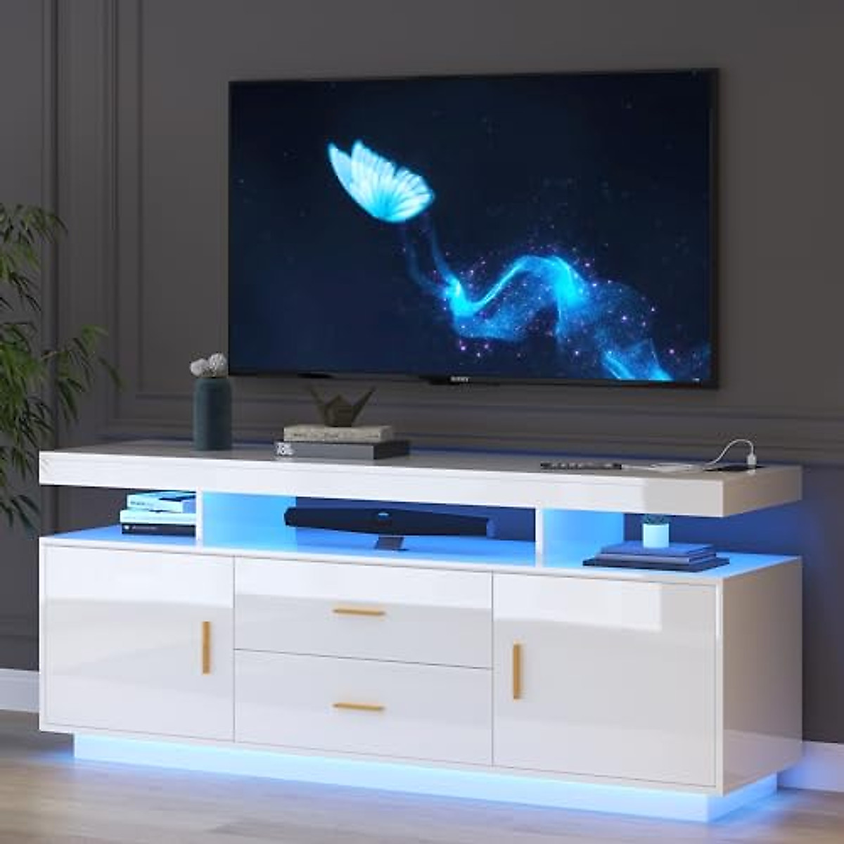 LVSOMT High Gloss Entertainment Center White with 3-Colors Lighting, LED Modern TV Stand for 65+ inch TV, Home Storage Cabinet, Console Media Cabinet for Living Room (Pearl White)
