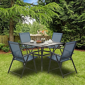 VICLLAX 5 pcs Patio Dining Table and Chairs Set, 4 Outdoor Reclining Folding Sling Chair with Armrest & 1 Square Patio Dining Table with 1.57" Umbrella Hole(Dark Blue/Black)