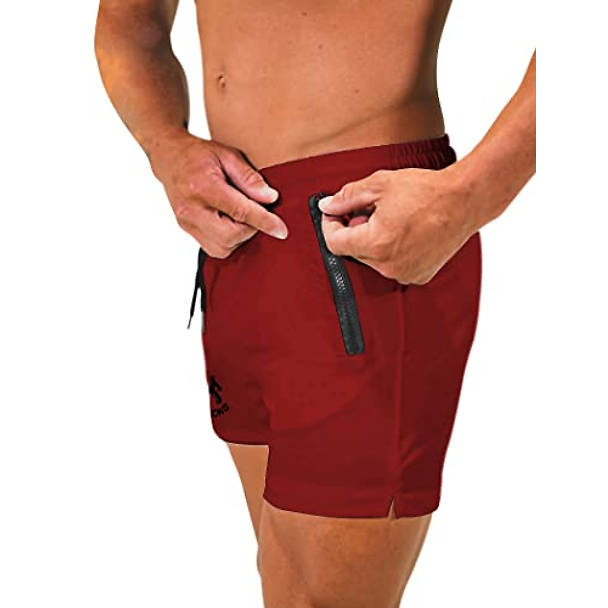 MAIKANONG Mens Gym Shorts Bodybuilding Outdoor Training Quick Dry Workout Shorts with Zipper Pockets Red