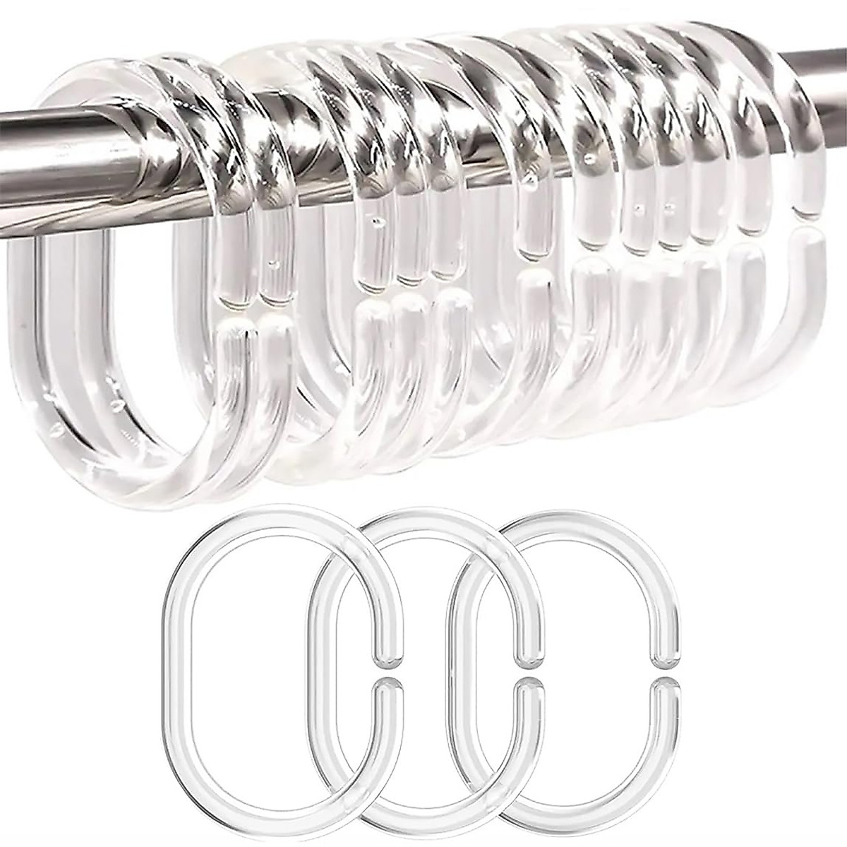 Resze 24 PCS Shower Curtain Rings, Plastic Clear Shower Curtain Hooks, C-Shaped Rings Hook Hanger Bathroom Shower Window Rod