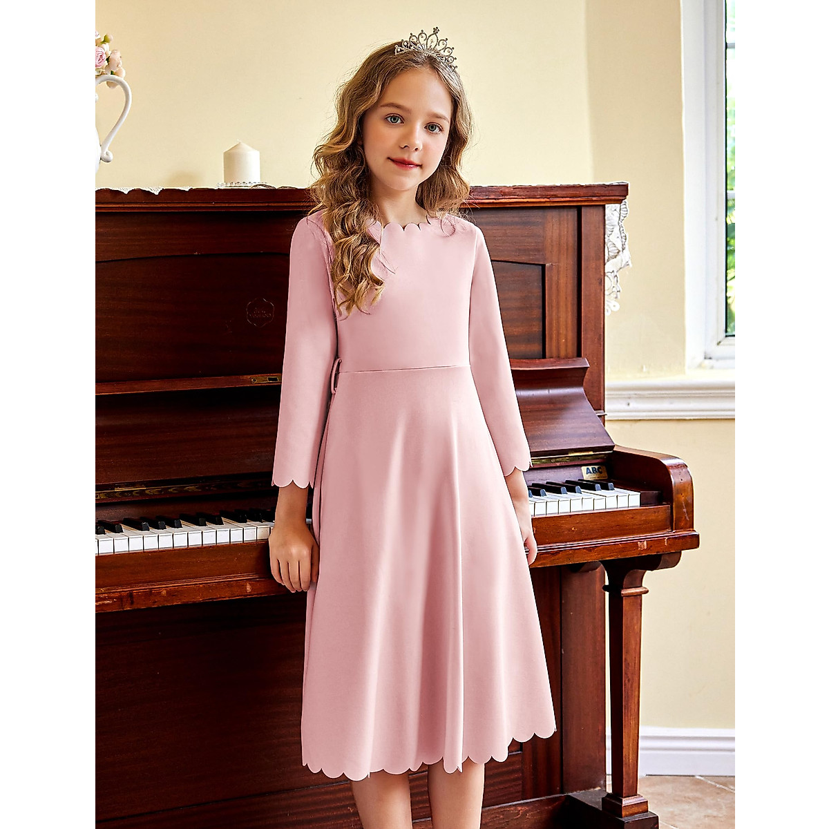 Arshiner Big Girls Dresses 3/4 Sleeve Scalloped Edge A-line Belted Banquet Dress with Pockets（Pink，13-14Years）