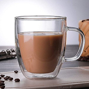 Sivaphe Double Wall Demitasse Cups With Handle 12oz Set of 2 Clear Borosilicate Glass Espresso Mugs for Latte, Cappuccino, Tea, Beverages, Ice Coffee