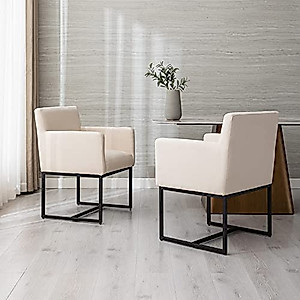 Wahson Set of 2 Linen Upholstered Modern Dining Chair with Arm, Contemporary Dining Room Chair with Black Metal Base, Cream Linen & Black Legs