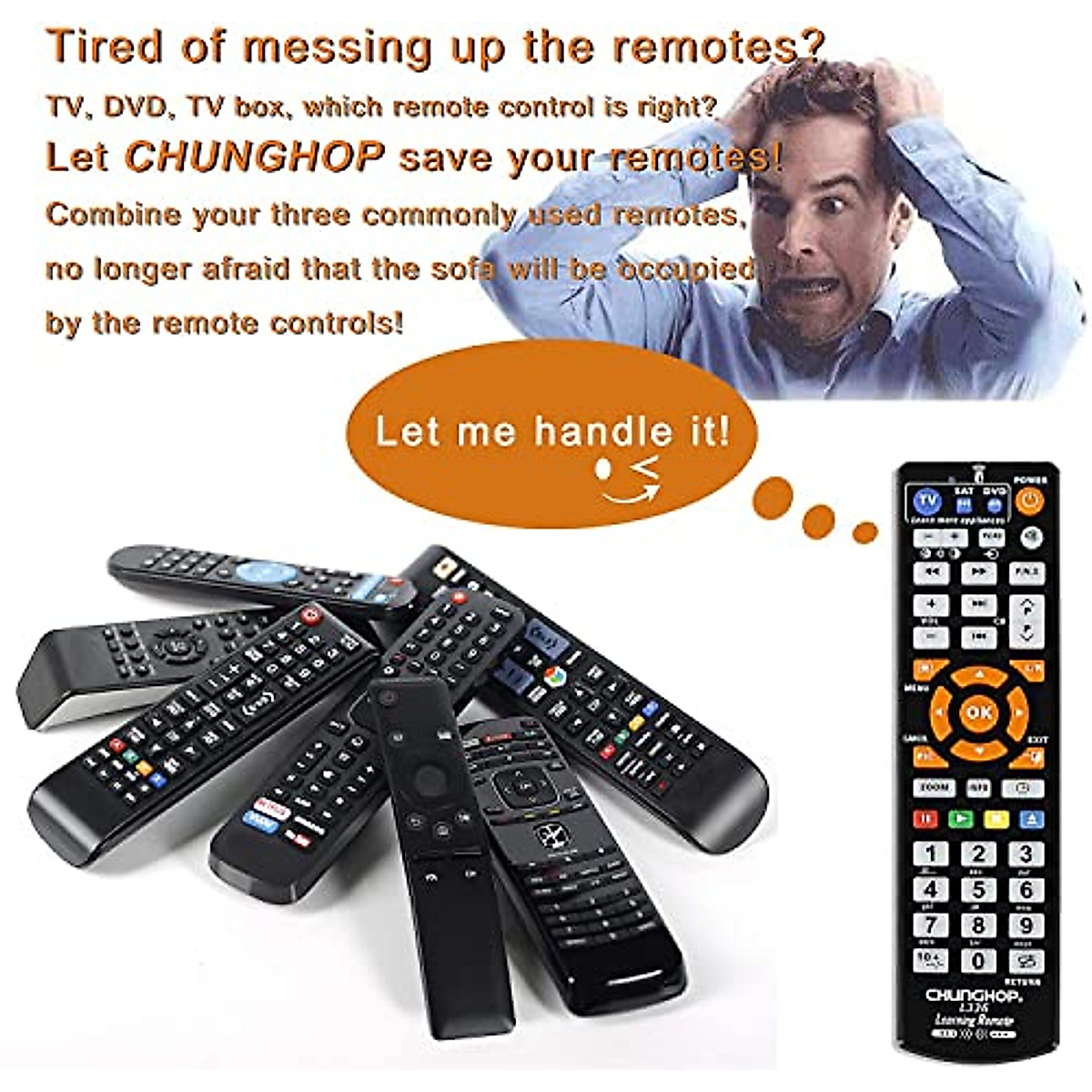 CHUNGHOP Universal IR Learning Remote Control for Smart TV VCR CBL DVD SAT STR-TV CD VCD HI-FI, for All Brands IR Remote 3 in 1 Programmable Controller L336