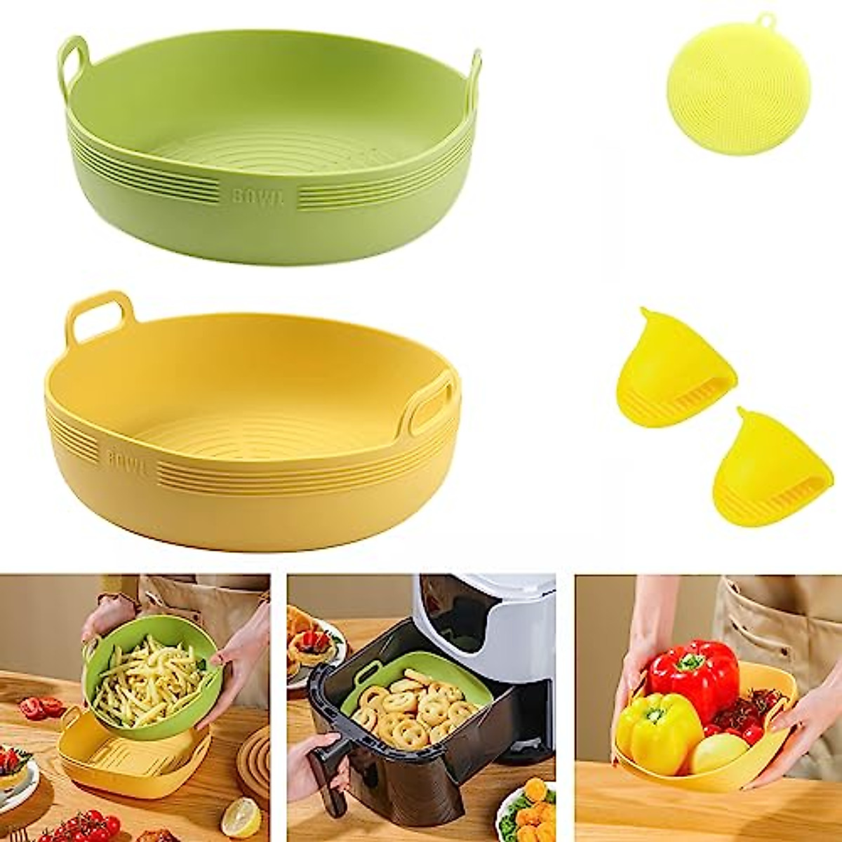 GHappiness Silicone Air Fryer Liner, 2 Pack Non-stick Liner Accessories for 5QT-8QT Air Fryer, Reusable Air Fryer Silicone Air Liner with Gloves & dishcloth(2 Pcs Round)