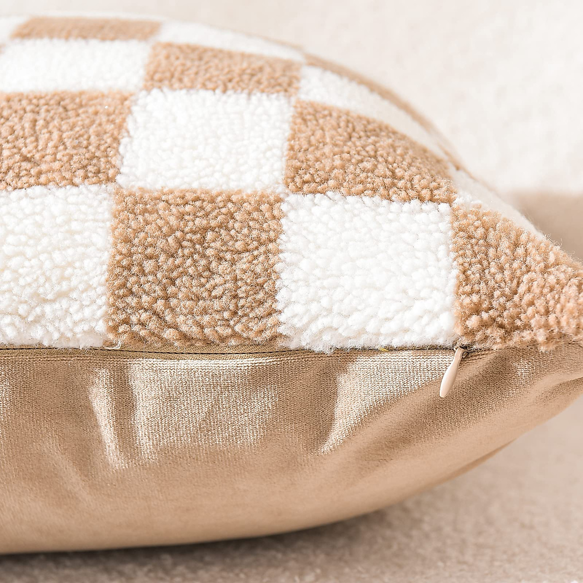 WACOMECO Decorative Throw Pillow Covers - Soft Sherpa Checkerboard Cushion Covers Faux Fur Pillow Cases for Sofa Bedroom Livingroom Car, 16 x 16 in, Khaki and Off White