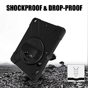 TSQ Case for iPad Case 9th/8th/7th Generation with Screen Protector for Kids | Military Grade Shockproof Protective with Stand Hand Shoulder Strap Cover for iPad 9th 8th 7th Gen 10.2 Inch| Black