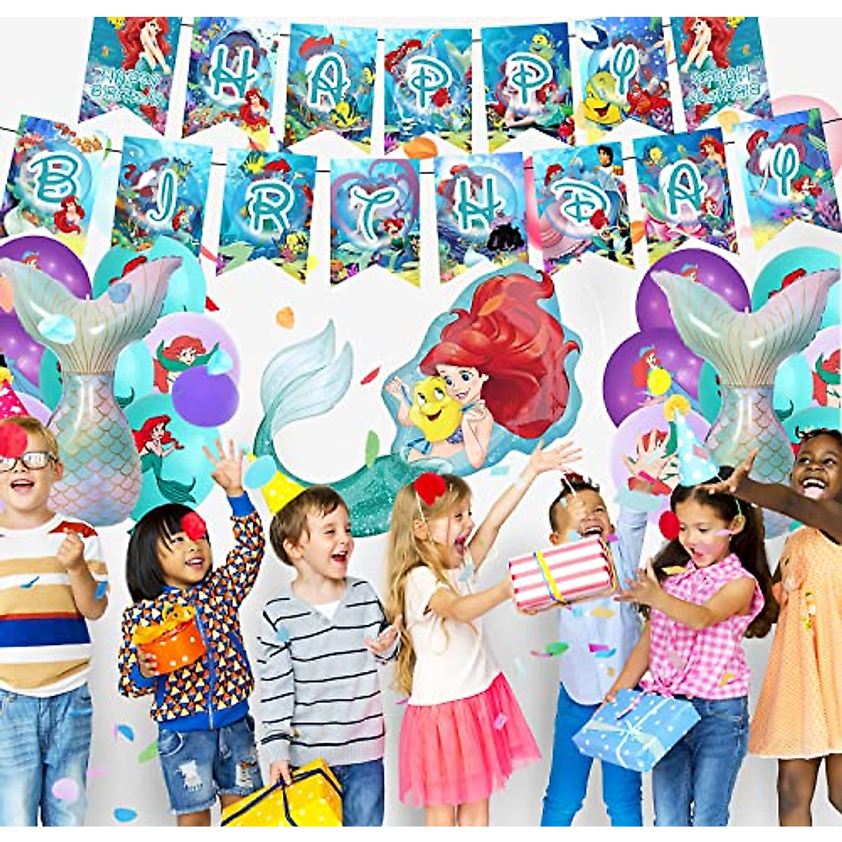 Little Mermaid Birthday Party Decorations for Girls Ariel Princess Birthday Party Supplies Includes Happy Birthday Banner,Latex Balloons, Shaped Foil Balloons, Cake Topper, Cupcake Toppers for Girls Little Mermaid Party Gift