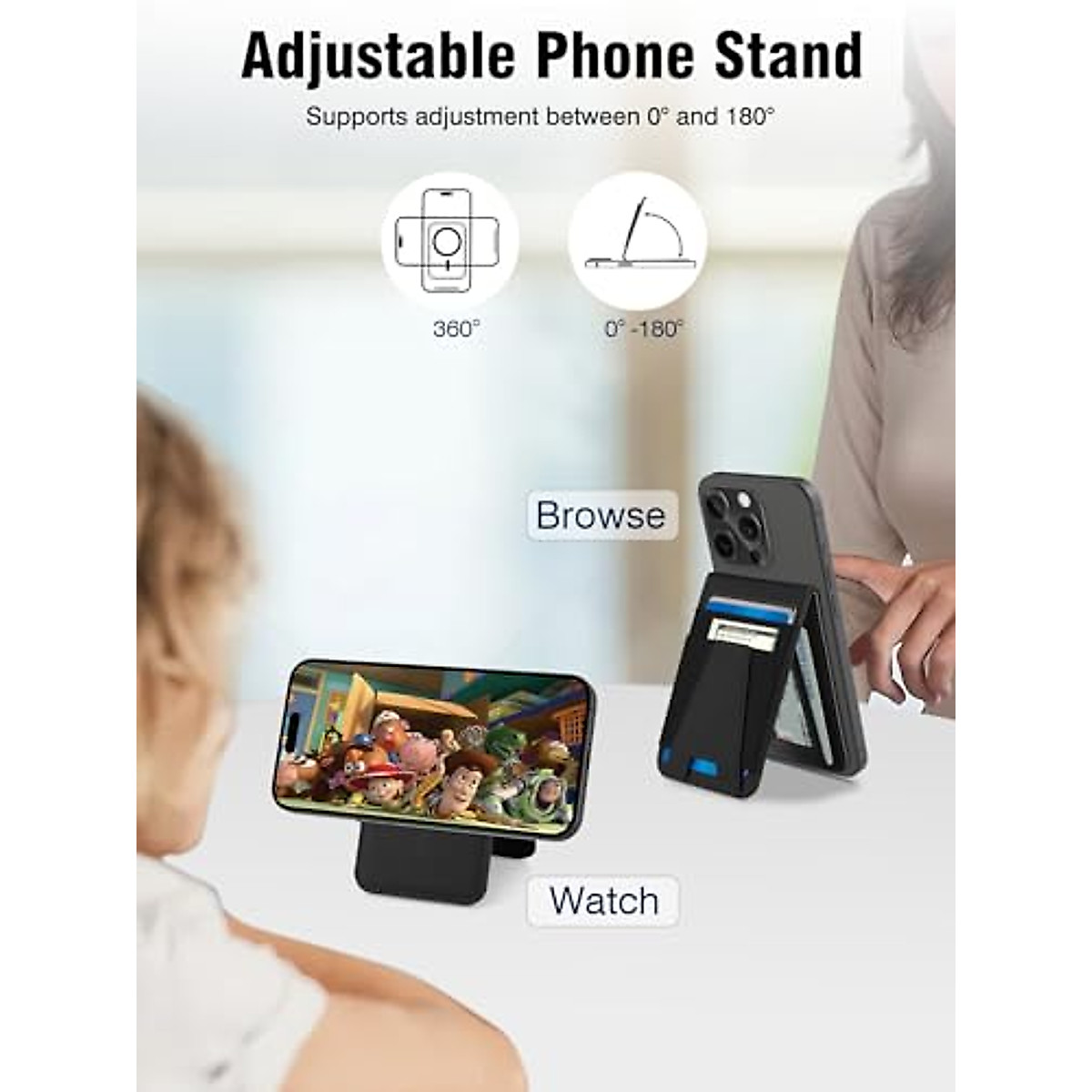 TopMade 2-in-1 MagSafe Wallet Stand, for iPhone Wallet with ID Window, Strongest Magnetic Wallet for iPhone 15/14/13/12 Series, Not for 13/12 Mini, 10 Card Holder, RFID Blocking, Vegan Leather, Black