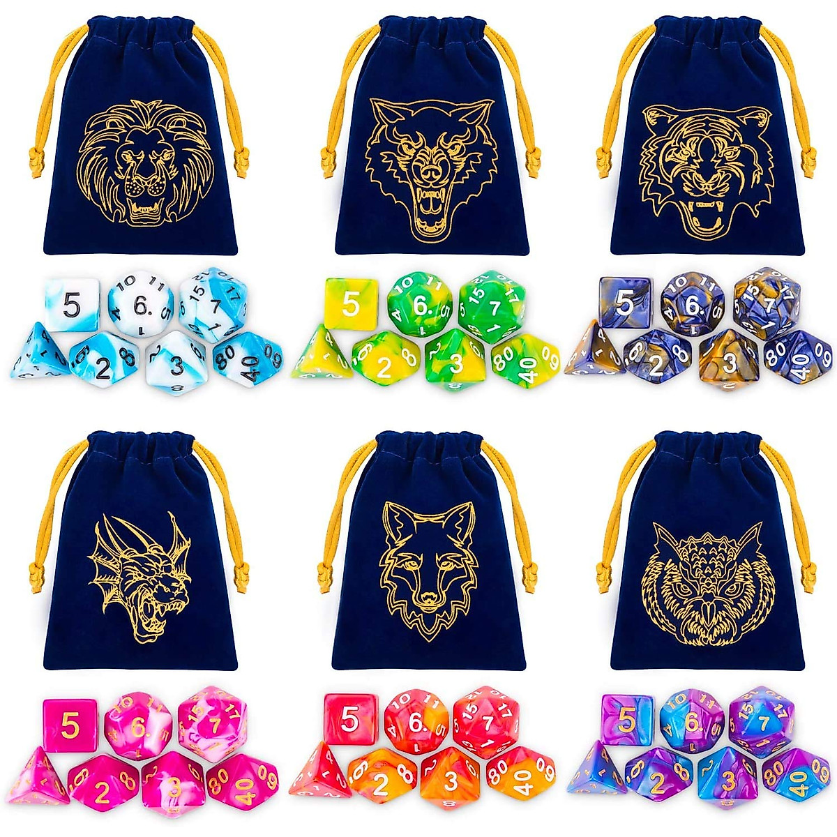 ESANDA DND Dice Set, 42pcs Polyhedral Dice D&D Dice with 6 Blue Drawstring Bags, 6 Complete Double-Colors Dice Sets for Dungeons and Dragons RPG MTG Table Games etc