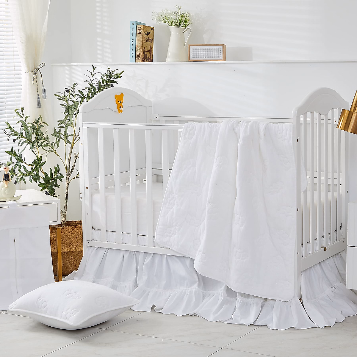 Brandream Gender Neutral Boho Bohemian Baby Girl Boy Nursery Crib Bedding Set - 3pc - Solid Color White Farmhouse Chic Unisex Elephant Embroidery Cotton Quilt Set
