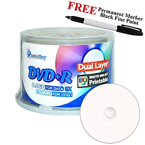 Smartbuy 50-disc 8.5GB/240min 8X DVD+R DL White Inkjet Hub Printable Blank Media Disc + Black Permanent Marker