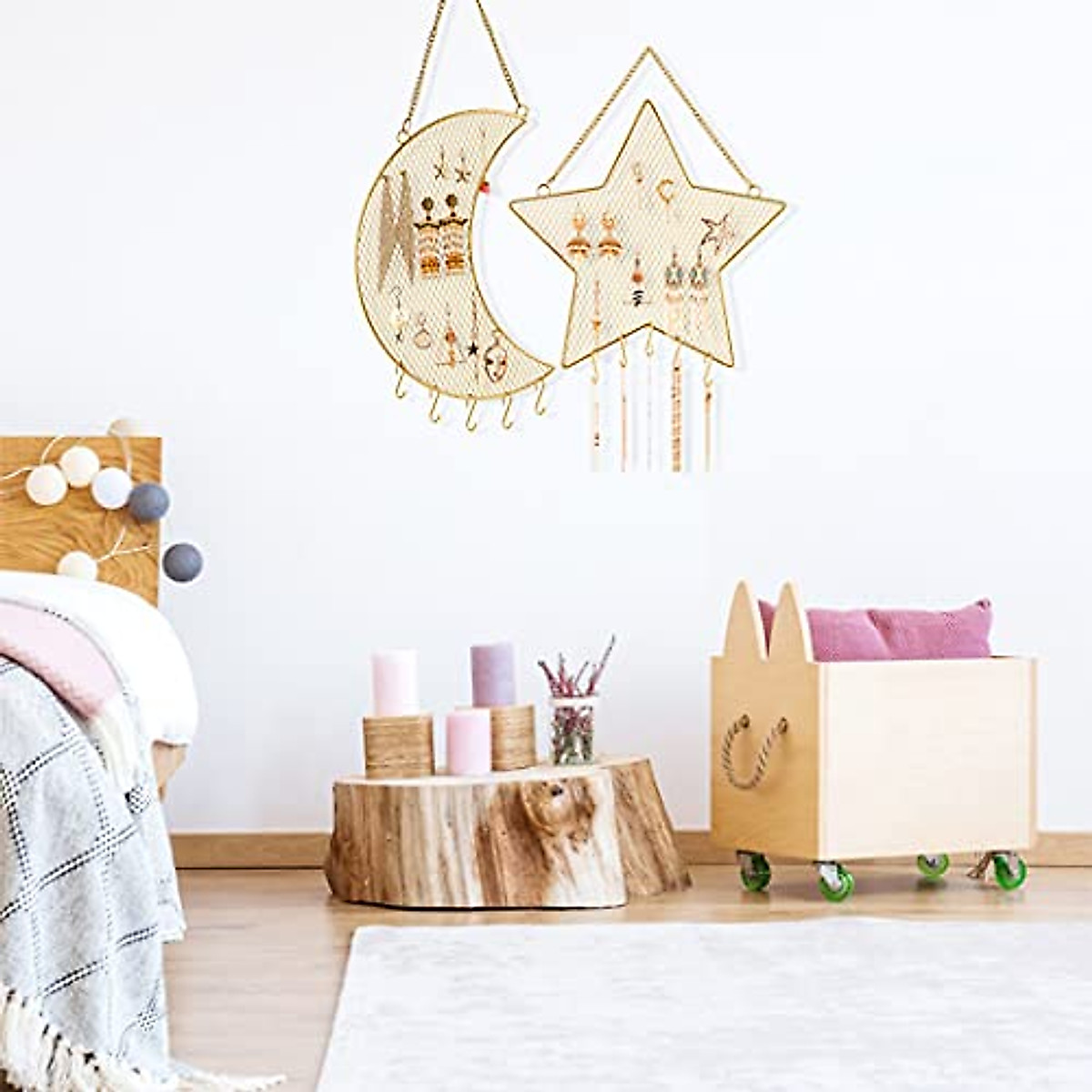 Rolin Roly Earring Wall Holder Wall Mounted Jewelry Rack Hanging Earring Organizer with3 Hooks Moon Shaped for Display Grid Golden Bracelet Necklace Ring