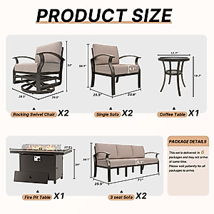 Piltwoff 10-Seat Aluminum Patio Furniture Set with Swivel Chairs,8 Piece Metal Outdoor Sectional Sofa w/45in 55000BTU Fire Pit,Swivel Rocking Chairs with Side Coffee Table,Sand
